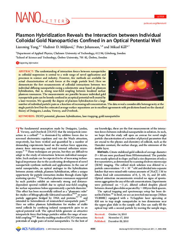 (PDF) Plasmon Hybridization Reveals the Interaction between Individual ...