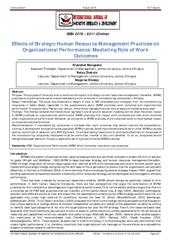 Pdf Effects Of Strategic Human Resource Management Practices On Organizational Performance