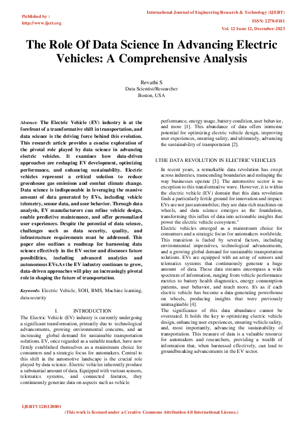 (PDF) The Role Of Data Science In Advancing Electric Vehicles: A ...