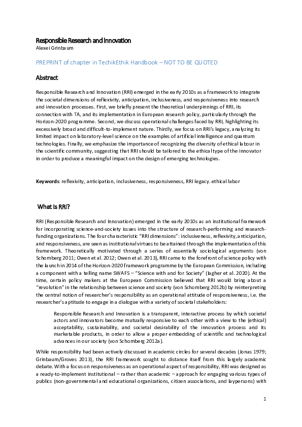(PDF) Responsible Research and Innovation (Draft)