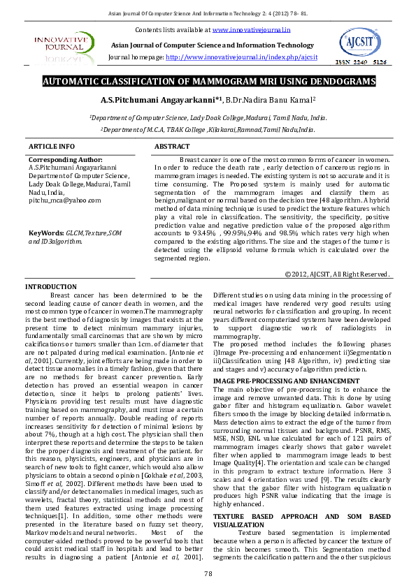 (PDF) Automatic Classification of Mammogram Mri Using Dendograms