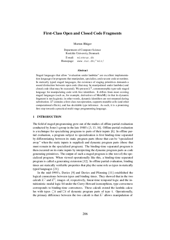 (PDF) First-Class Open and Closed Code Fragments