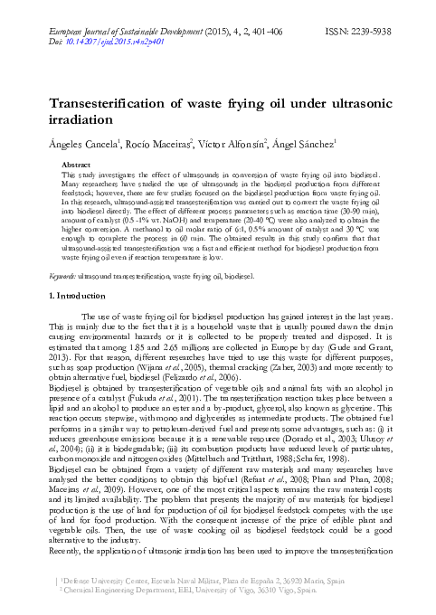 (PDF) Transesterification of waste frying oil under ultrasonic ...