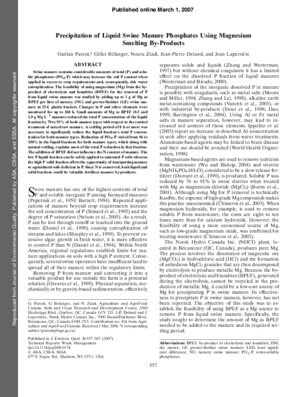 (PDF) Precipitation of Liquid Swine Manure Phosphates Using Magnesium ...