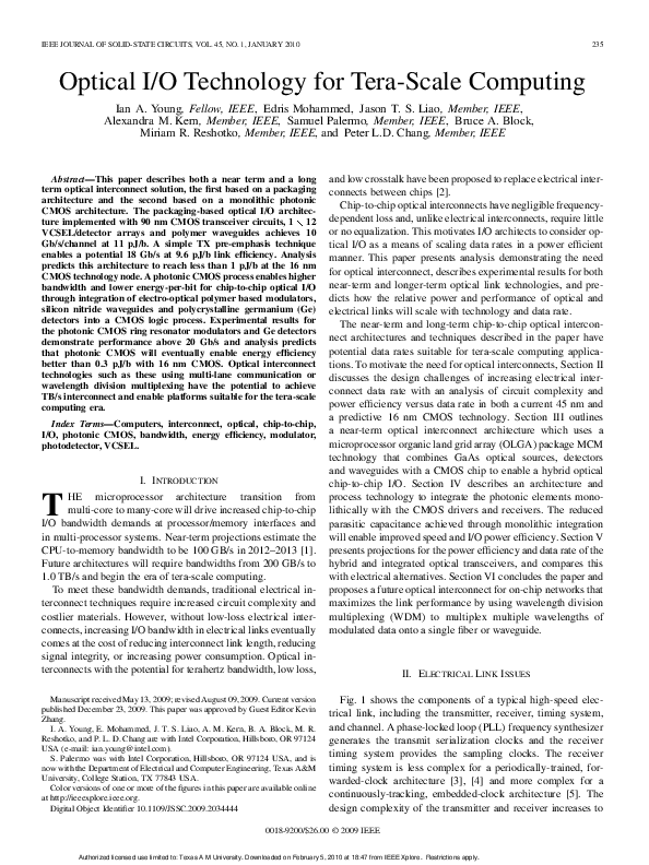 (PDF) Optical I/O Technology for Tera-Scale Computing