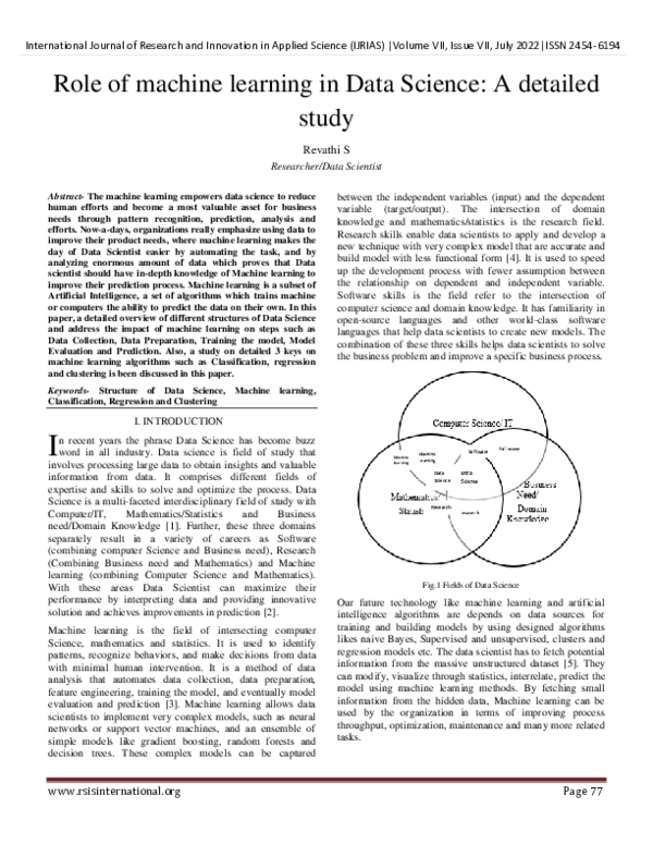 (PDF) Role of machine learning in Data Science: A detailed study
