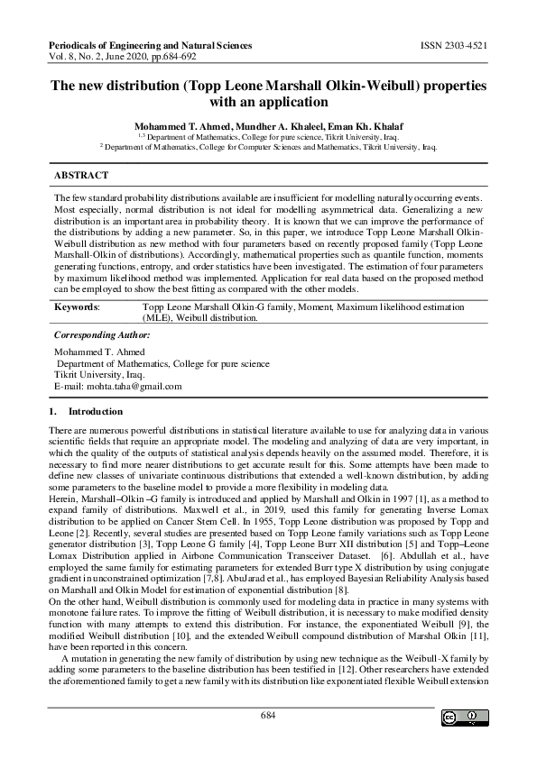 Pdf The New Distribution Topp Leone Marshall Olkin Weibull Properties With An Application