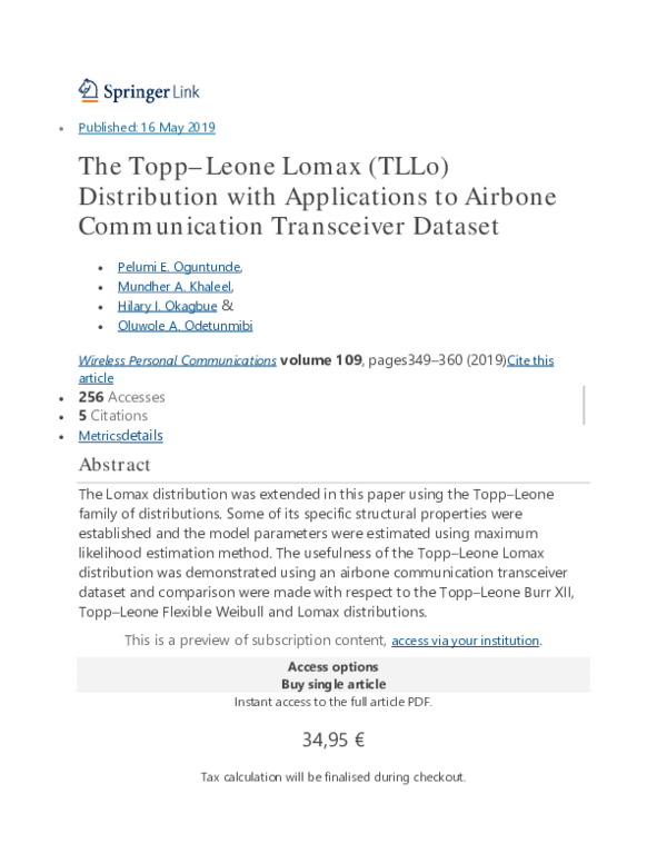 (PDF) The Topp–Leone Lomax (TLLo) Distribution with Applications to ...