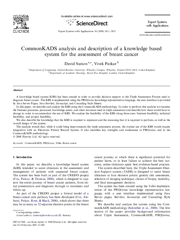 (PDF) CommonKADS analysis and description of a knowledge based system for the assessment of ...