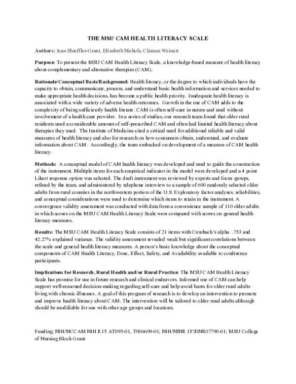(PDF) MSU CAM Health Literacy Scale