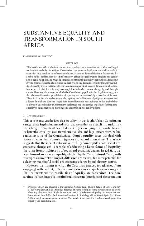 (PDF) Substantive Equality and Transformation in South Africa