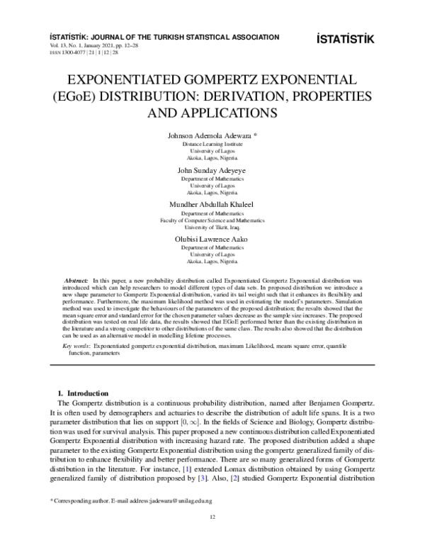(PDF) Exponentiated Gompertz Exponential (Egoe) Distribution: Derivation, Properties and ...