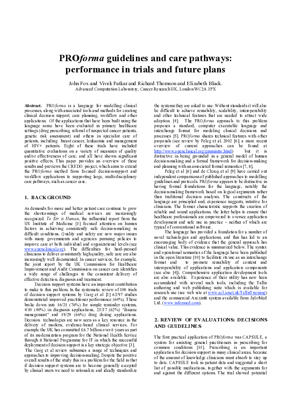 (PDF) PROforma guidelines and care pathways: performance in trials and ...