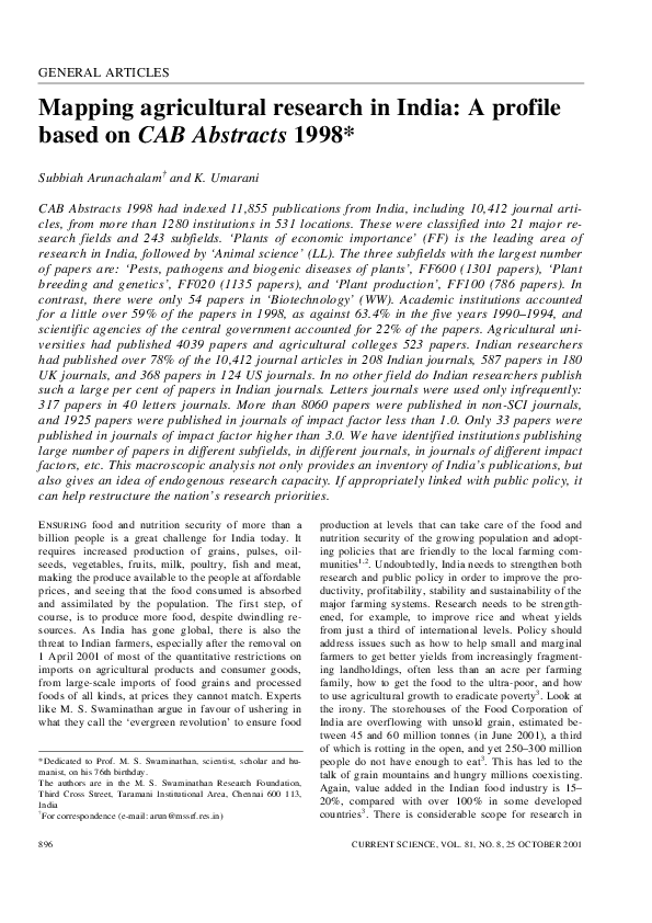 (PDF) Mapping Agricultural Research in India: A ProfileBased on CAB ...