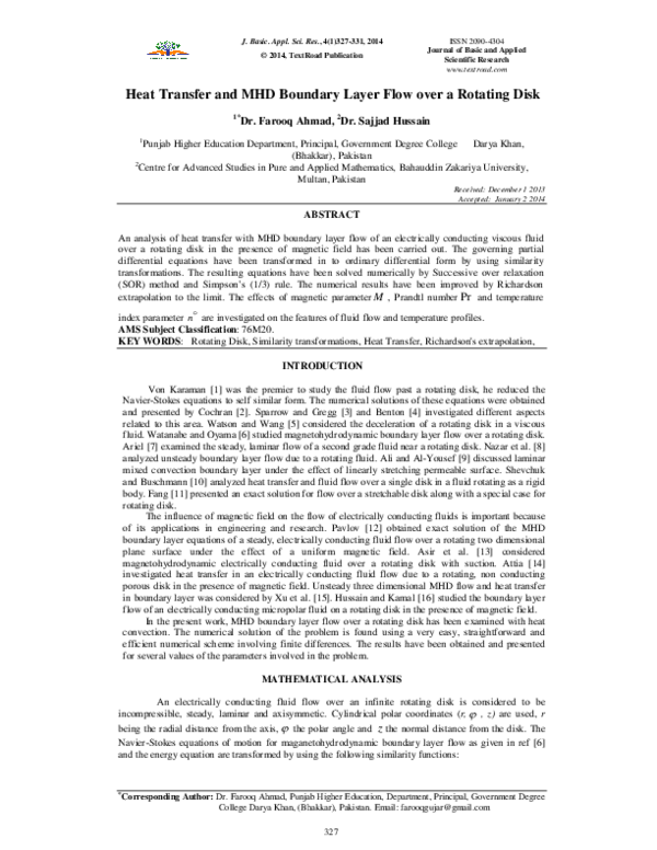 (PDF) Heat Transfer and MHD Boundary Layer Flow over a Rotating Disk | Sajjad Hussain - Academia.edu