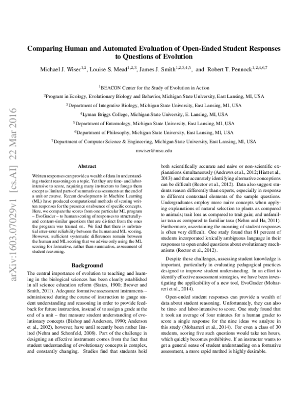 (PDF) Comparing Human and Automated Evaluation of Open-Ended Student Responses to Questions of ...