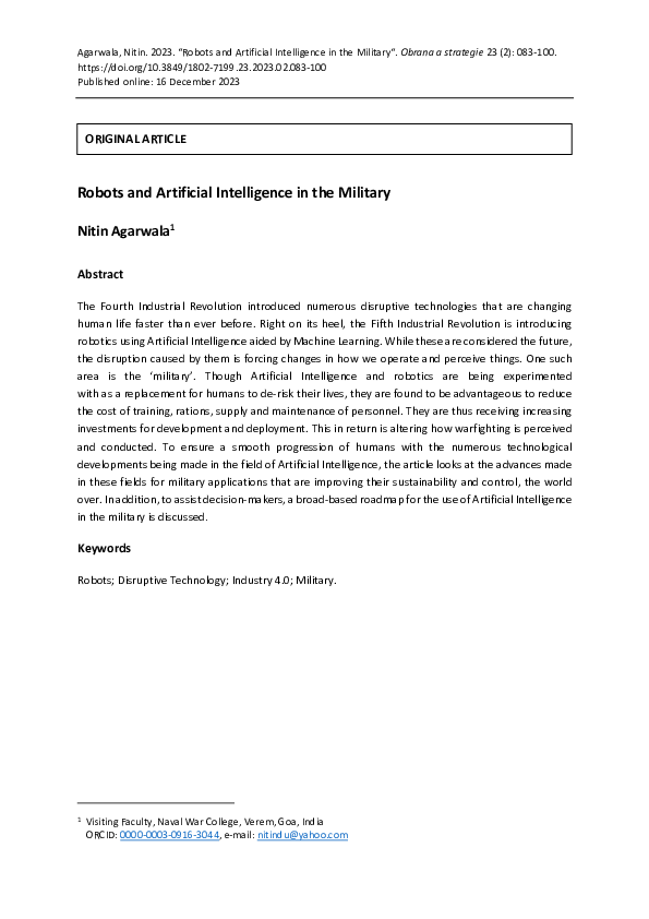 (PDF) Robots and Artificial Intelligence in the Military