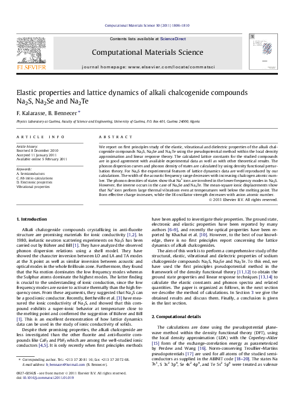 (PDF) Elastic properties and lattice dynamics of alkali chalcogenide ...