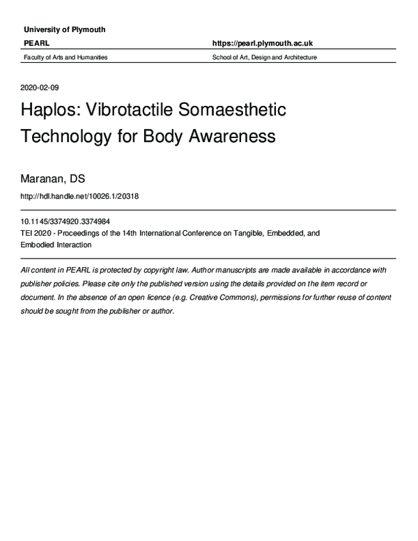 (PDF) Haplós: Vibrotactile Somaesthetic Technology for Body Awareness