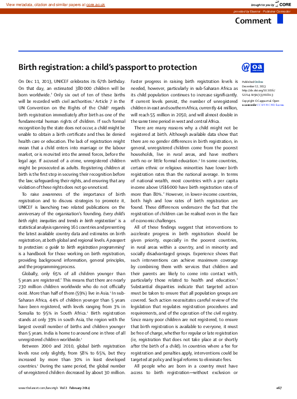 (PDF) Birth registration: a child's passport to protection