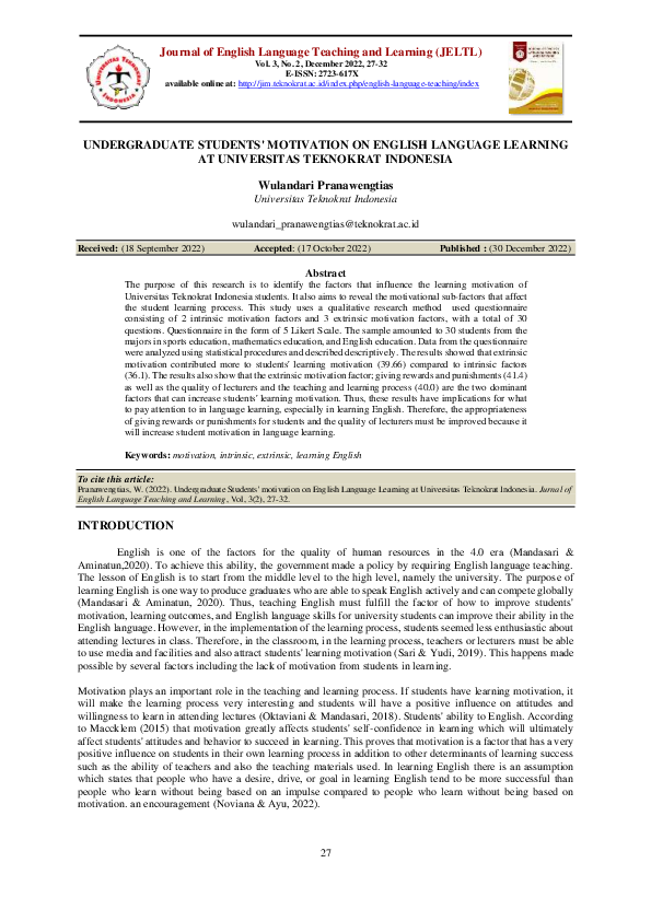 (PDF) Undergraduate Students' Motivation on English Language Learning at Universitas Teknokrat ...