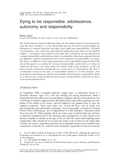 (PDF) Dying to be responsible: adolescence, autonomy and responsibility
