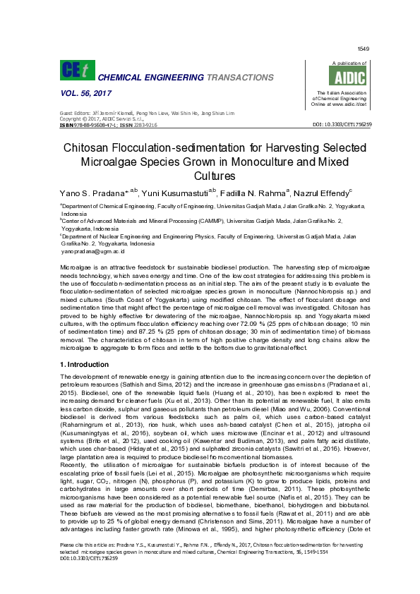 (PDF) Chitosan Flocculation-sedimentation for Harvesting Selected Microalgae Species Grown in ...