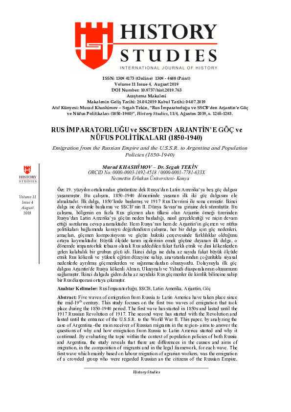 (PDF) Rus İmparatorluğu ve SSCB den Arjantin e Göç ve Nüfus ...