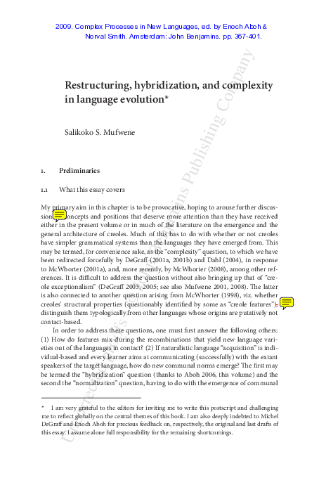 (PDF) Restructuring, hybridization, and complexity in language evolution
