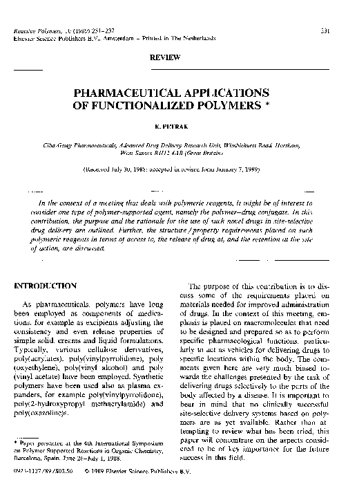 (PDF) Pharmaceutical applications of functionalized polymers