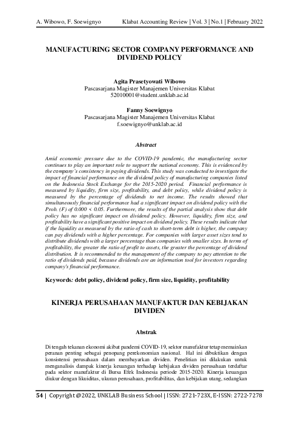 (PDF) Kinerja Perusahaan Manufaktur Dan Kebijakan Dividen