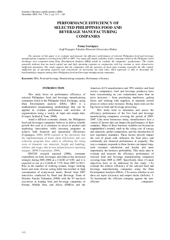 (PDF) Performance Efficiency of Selected Philippines Food and Beverage Manufacturing Companies