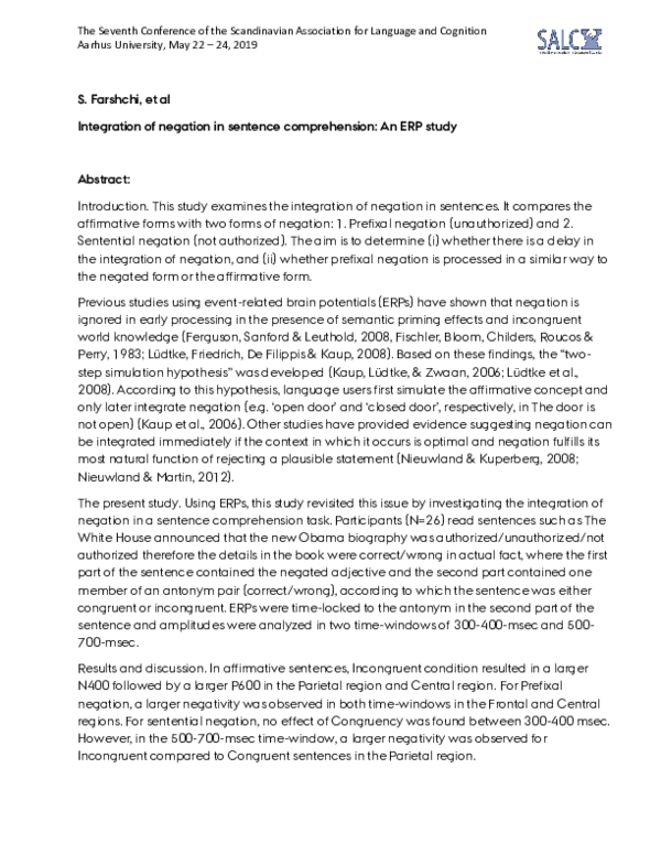 (PDF) Integration of negation in sentence comprehension : An ERP study