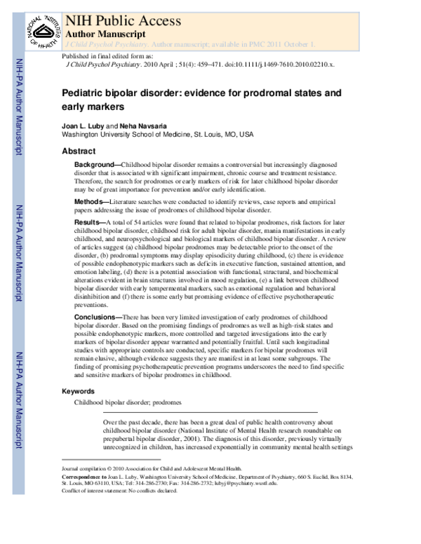 (PDF) Pediatric bipolar disorder: evidence for prodromal states and ...
