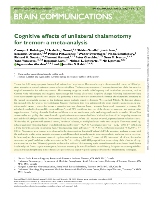 (PDF) Cognitive effects of unilateral thalamotomy for tremor: a meta ...