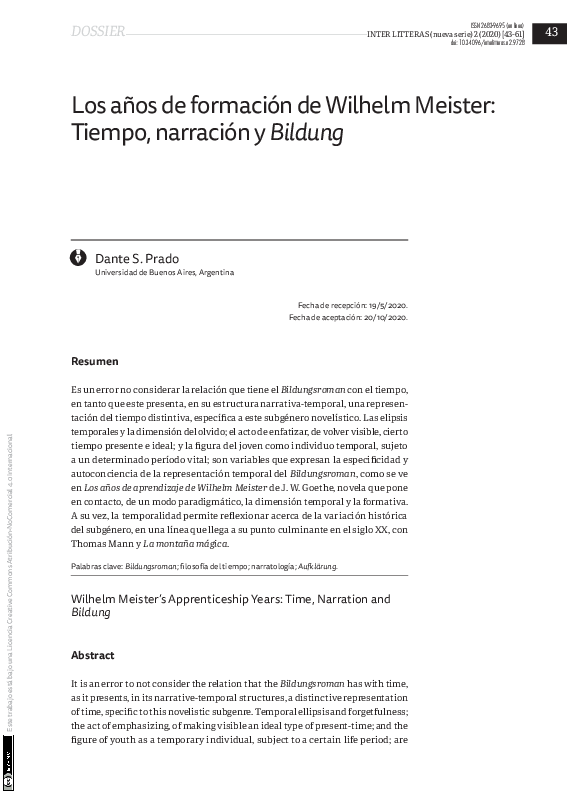 (PDF) Los años de formación de Wilhelm Meister: Tiempo, narración y Bildung