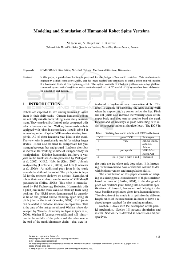 (PDF) Modeling and Simulation of Humanoid Robot Spine Vertebra