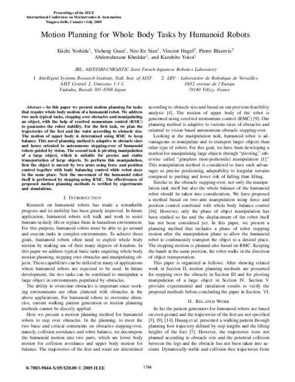 (PDF) Motion planning for whole body tasks by humanoid robot