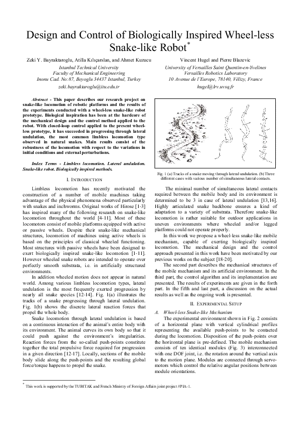 (PDF) Design and Control of Biologically Inspired Wheel-less Snake-like Robot