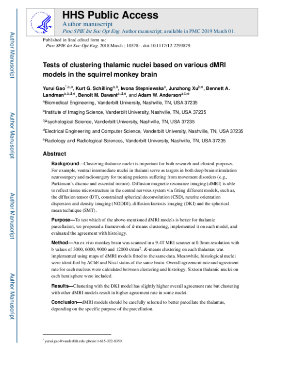 Pdf Tests Of Clustering Thalamic Nuclei Based On Various Dmri Models