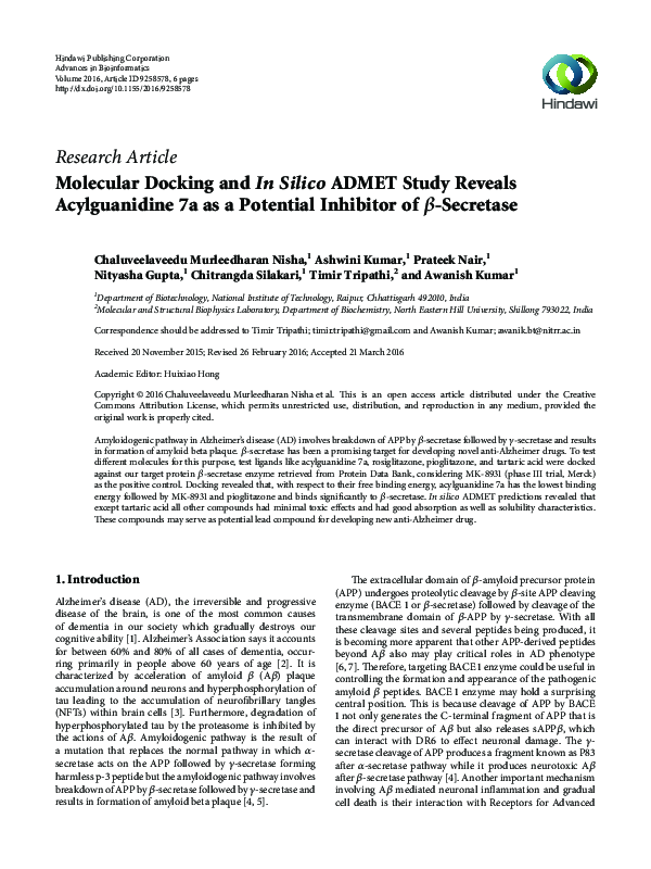(PDF) Molecular Docking and In Silico ADMET Study Reveals Acylguanidine 7a as a Potential ...
