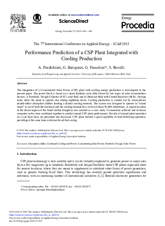 (PDF) Performance Prediction of a CSP Plant Integrated with Cooling Production | Antonio ...