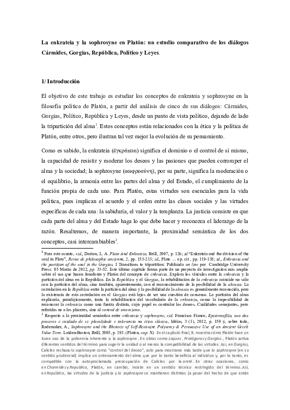 (DOC) La enkrateia y la sophrosyne en Platón: un estudio comparativo de ...
