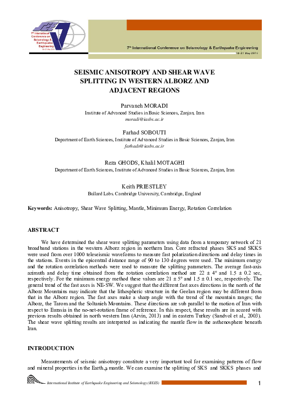 (PDF) Seismic Anisotropy and Shear Wave Splitting in Western Alborz and Adjacent Regions