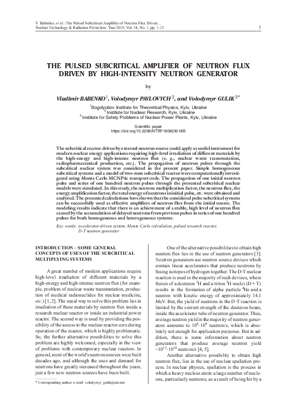 (PDF) The pulsed subcritical amplifier of neutron flux driven by high-intensity neutron generator