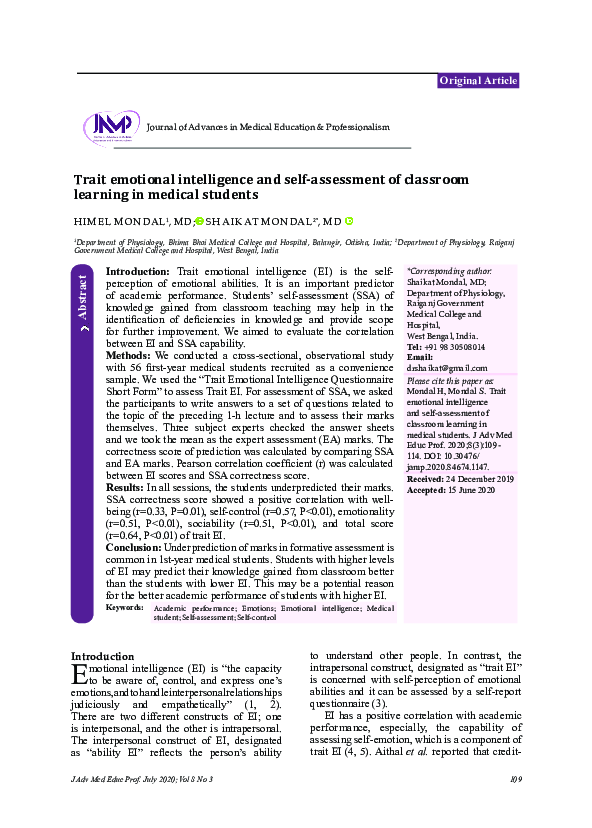 (PDF) Trait emotional intelligence and self-assessment of classroom learning in medical students