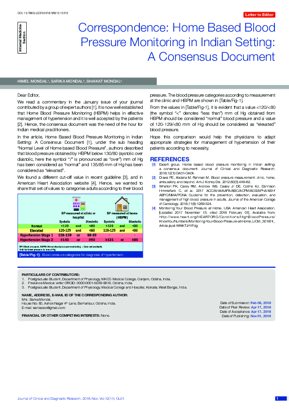 (PDF) Correspondence: Home Based Blood Pressure Monitoring in Indian ...