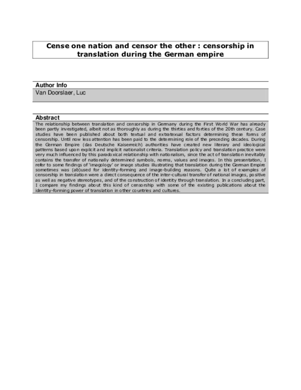 (PDF) Cense one nation and censor the other : Censorship in translation during the German empire