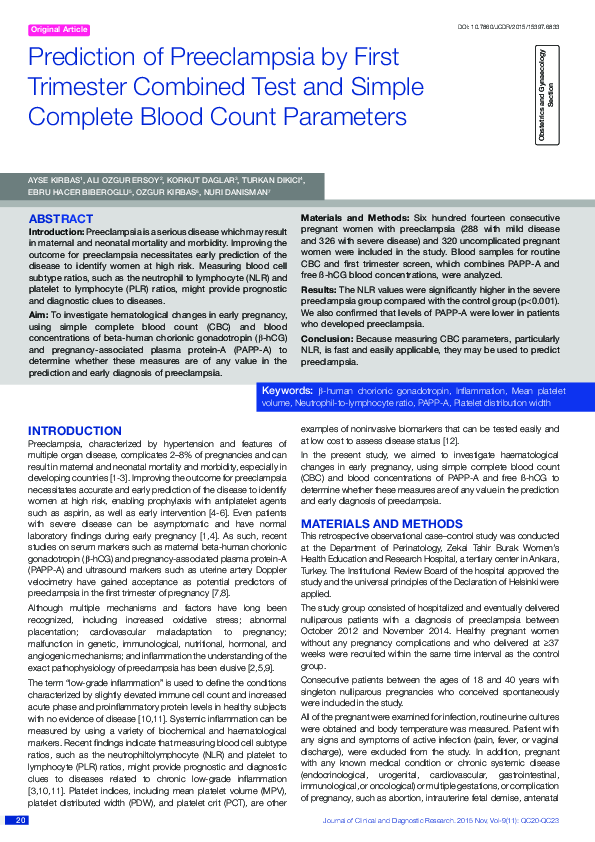 (PDF) Prediction of Preeclampsia By First Trimester Combined Test and ...