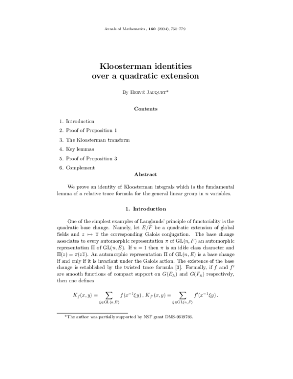(PDF) Kloosterman identities over a quadratic extension
